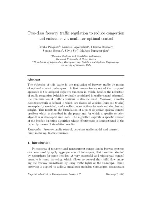 Pdf Two Class Freeway Traffic Regulation To Reduce Congestion And Emissions Via Nonlinear