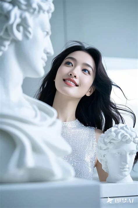 特写人像，亚洲模特，虚实结合，画中是一位肤色苍白、拥有飘逸头发发、发光的冷皮肤质感，身着闪亮白色连衣裙、蓝眼睛的女性，微笑，甜美，看向观众，安静，纯白色背景，背 花瓣网