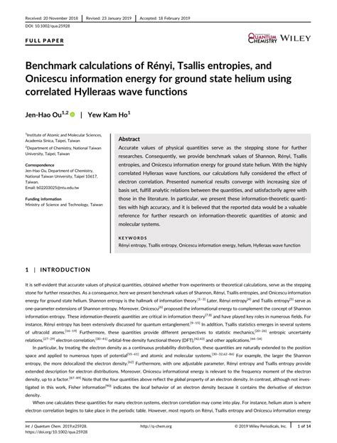 Pdf Benchmark Calculations Of Rényi Tsallis Entropies And Onicescu Information Energy For