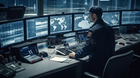 In The Security Control Room Officer Monitors Multiple Screens