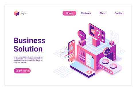 비즈니스 솔루션 아이소메트릭 벡터 방문 페이지 템플릿 등측투영법에 대한 스톡 벡터 아트 및 기타 이미지 등측투영법 자동화