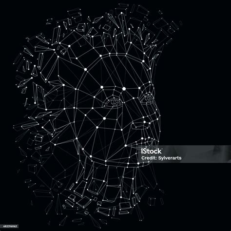 낮은 폴 리 스타일에서 만든 인간의 머리의 3d 벡터 일러스트 잠겨있는 여성 스마트 사람의 얼굴입니다 정보 우화 예술적인 조각과 파편으로 깨진 와이어 프레임 개체 변형 3