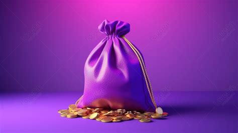 생생한 디자인을 위해 돈 가방과 동전이 포함된 눈길을 끄는 3d 렌더링 보라색 배경 눈길 배경 전이 배경 동전 가방 배경 이미지 Hd 눈길 전이 동전 가방 배경