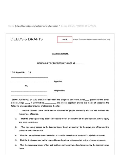 Memo Of Appeal Deeds And Drafts Pdf Appeal Lawsuit