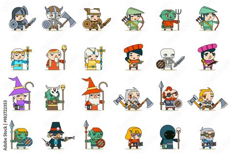Vetor Do Stock Lineart Male Female Fantasy RPG Game Character Vector Icons Set Vector