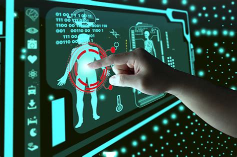 의사의 손은 미래의 의료 개념에서 진단 및 치료를 위해 신체 내부의 질병에 대한 X 레이 스캔을 위해 가상 스크린 기술을 사용합니다 Electronic Medical