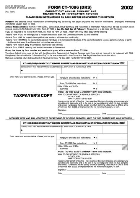 Form Ct 1096 Drs Connecticut Annual Summary And Transmittal Of