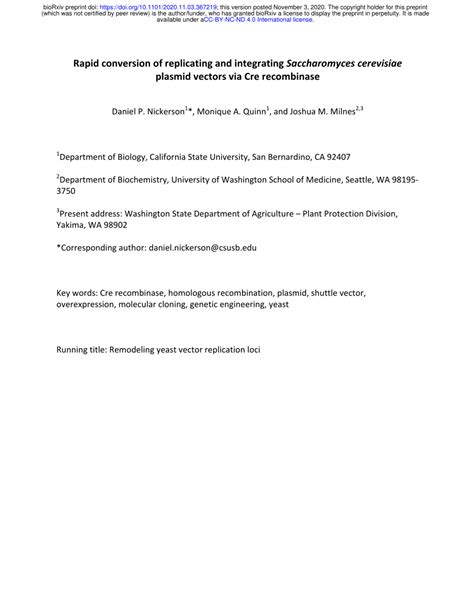 Pdf Rapid Conversion Of Replicating And Integrating Saccharomyces Cerevisiae Plasmid Vectors