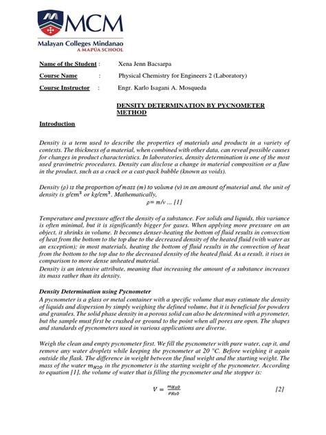 Density Determination By Pycnometer Method Lab Report Bacsarpa Xj