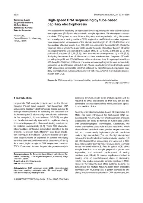 Pdf High Speed Dna Sequencing By Tube Based Capillary Electrophoresis Tsuyoshi Sonehara