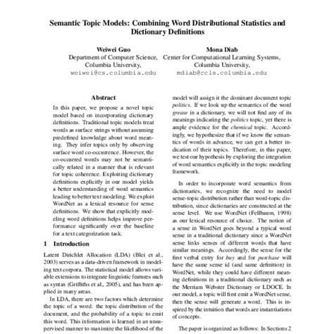 Semantic Topic Models Combining Word Distributional Statistics And Dictionary Definitions Acl