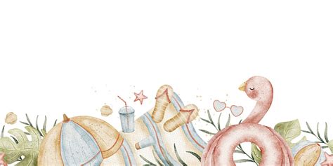 수채화 완벽 한 테두리 플라밍고 해변 액세서리 열대 잎 디자인 배너 샤워 욕실 어린이 보육 벽지 포스터 카드 초대장 파티 장식에