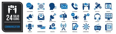 커뮤니케이션 솔리드 아이콘 컬렉션 말하기 메일 연락처 메시지 등의 아이콘이 포함되어 있습니다 웹사이트 마케팅 디자인 로고 앱 템플릿 Ui 등 벡터 일러스트레이션 0명에 대한