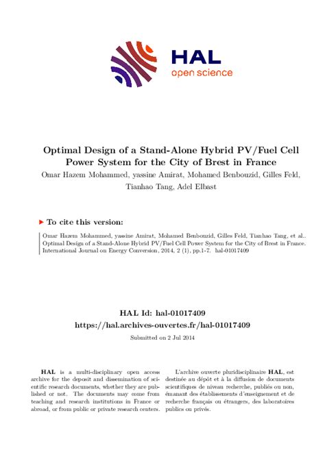 Pdf Optimal Design Of A Stand Alone Hybrid Pvfuel Cell Power System For The City Of Brest In