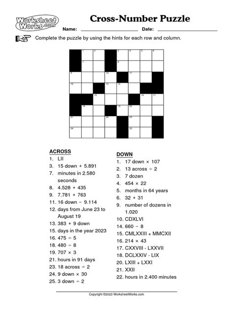 Worksheetworks Crossnumber Puzzle 1 Pdf