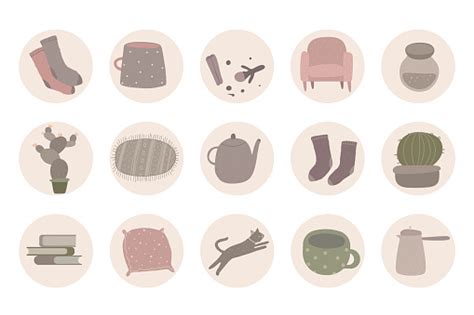 소셜 미디어 스토리를 위한 라운드 아이콘의 하이라이트 커버 세트 아늑하고 귀엽고 집같은 물건 보헤미안 스타일로 다양한 아이콘을 추상화합니다 개체 그룹에 대한 스톡 벡터 아트