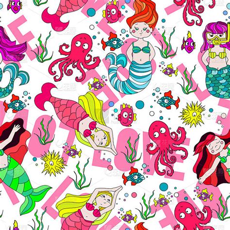 可爱和有趣的手绘美人鱼和鱼无缝模式矢量