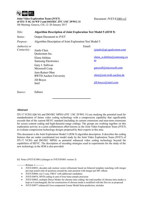 Pdf Jvet E1001 Algorithm Description Of Joint Exploration Test Model 5 Jem 5