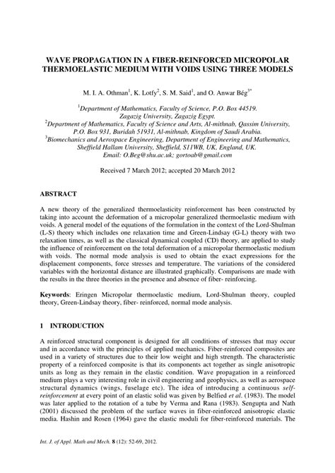 Pdf Wave Propagation In A Fibre Reinforce Micropolar Thermoelastic