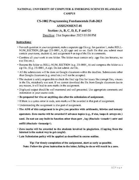 Assignment 01 CAMPUS CS 1002 Programming Fundamentals Fall 2023 ASSIGNMENT 01 Section A B