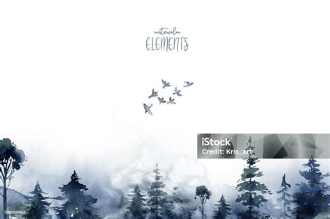 수채화 겨울 숲 산에서 소나무 전나무와 크리스마스 트리 풍경 흰색 배경에 격리 된 손으로 그린 스노우 홀리데이 디자인 12월에 대한 스톡 벡터 아트 및 기타 이미지 Istock