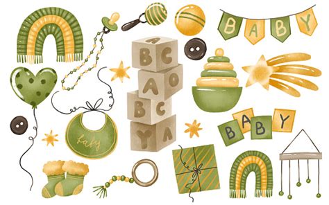 신생아를 위한 세트 의류 피라미드 풍선 장난감 무지개 젖꼭지 별 깃발 목욕 가구 흰색 배경에 고립된 요소 만화 손으로 그린 수채화 스타일에서 0명에 대한 스톡 벡터 아트 및