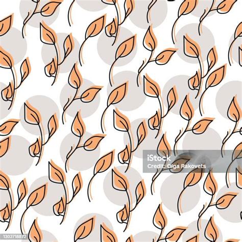 흰색 배경에 오렌지 색과 회색 원의 섬세한 낙서 잎의 매끄러운 패턴 계절에 대한 스톡 벡터 아트 및 기타 이미지 계절 곡선 꽃 식물 Istock