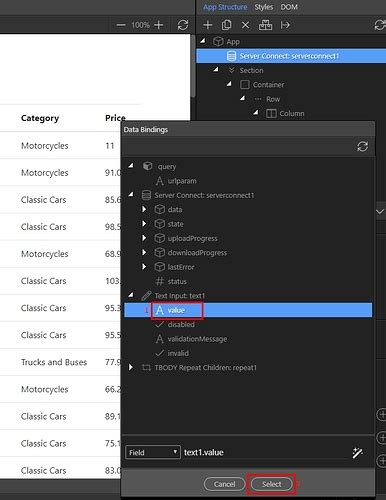 wappler documentation filtering database query with a text input