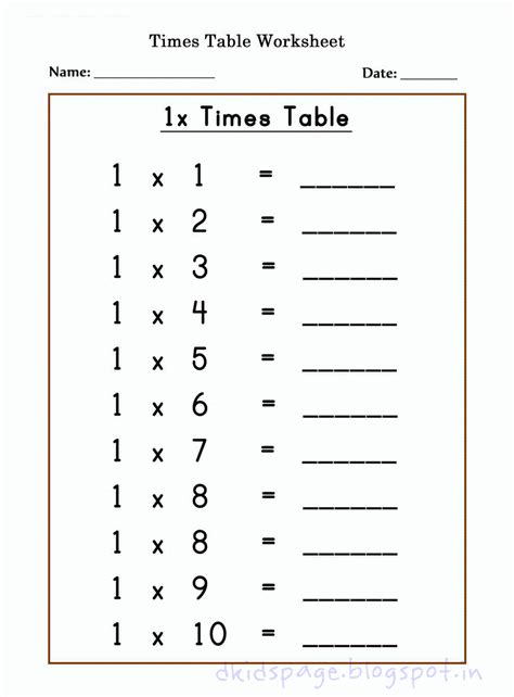 Table Worksheet For Class 1