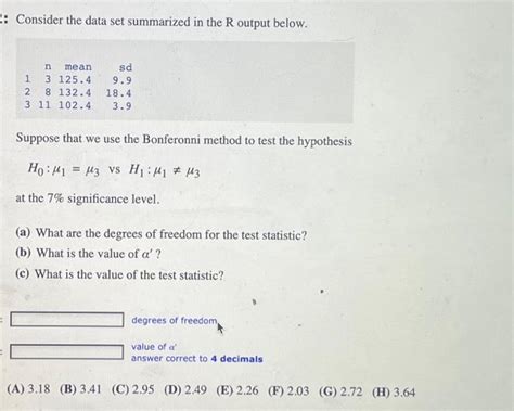 solved consider the data set summarized in the r output