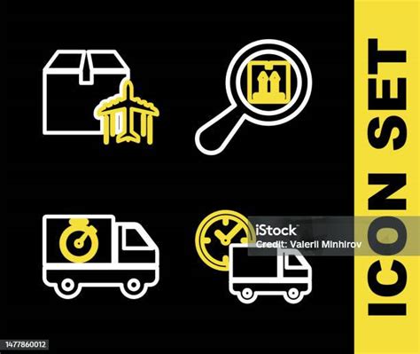 라인 검색 패키지 배달 트럭 및 시계 스톱워치 및 비행기 골판지 상자 아이콘을 설정합니다 벡터 감시에 대한 스톡 벡터 아트 및 기타 이미지 Istock