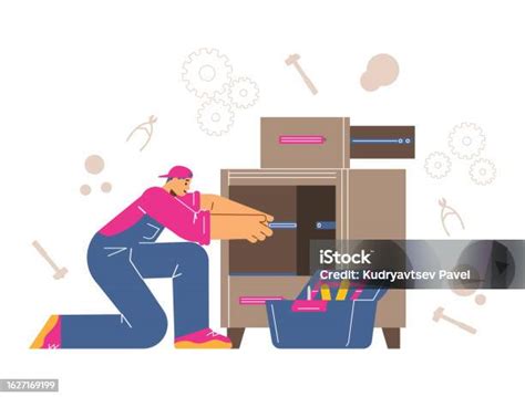 가구를 조립하는 남자 하얀 배경에 분리된 평면 벡터 그림 전문 가구 조립 서비스 도구 상자 설치 드레서가 있는 핸디맨 가구에
