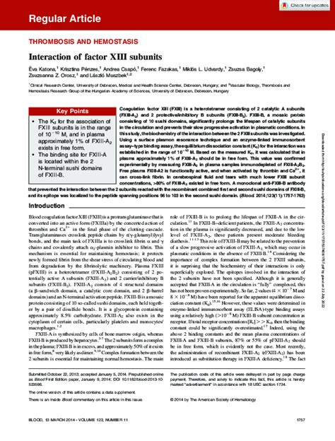 Pdf Interaction Of Factor Xiii Subunits