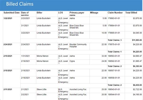 Billed Claims Report