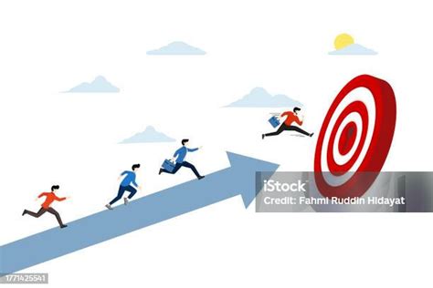 목표를 달성하는 비즈니스 팀의 개념 목표를 향해 화살표를 따라 목표를 향해 달리는 사람들 동기 부여 목표를 달성하는 방법 비즈니스 평면 벡터 일러스트 레이 션을 증가시킵니다