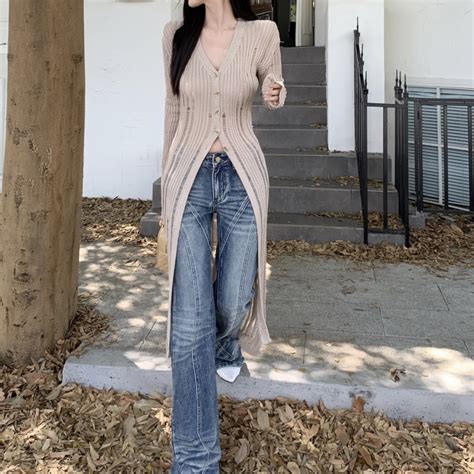 브이넥 데미지 골지라인 슬림 롱 니트 가디건 Ag116217