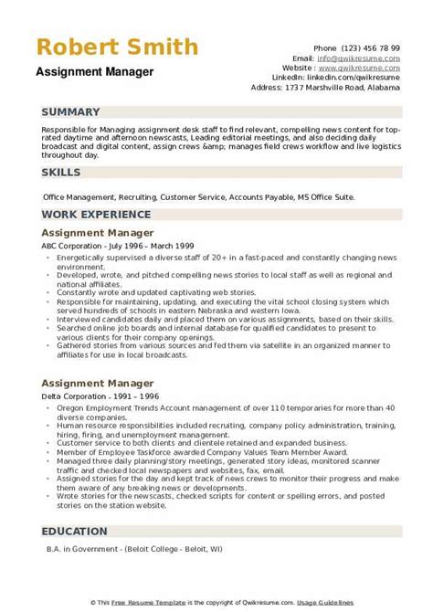 10 Assignment Manager Resume Samples Templates For 2025