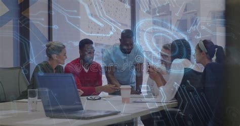 Diverse Team Collaborating At Office With Digital Network Overlay Animation Stock Video Video