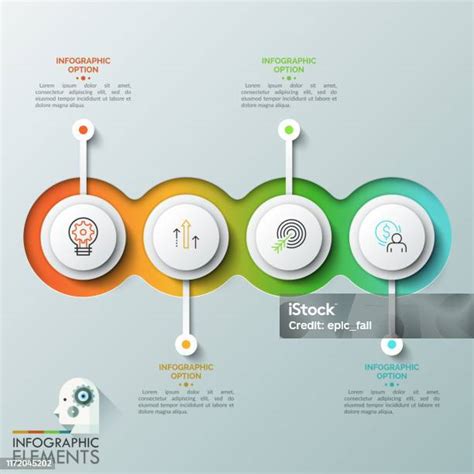 수평 선과 텍스트 상자에 배치 내부 선형 그림과 네 개의 겹치는 반투명 원형 요소 프로젝트 완료를 위한 4단계 의 개념 다층 효과에 대한 스톡 벡터 아트 및 기타 이미지