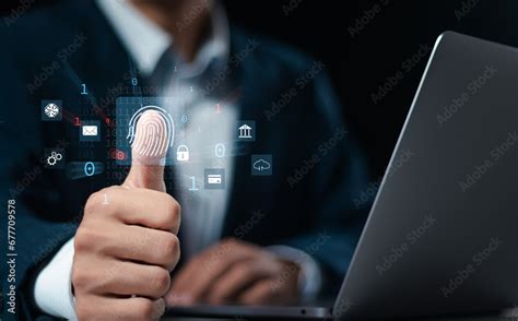 Cybersecurity Concept Businessman Using Laptop And Scanning Fingerprint To Biometric