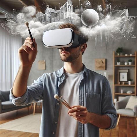 man wearing virtual reality headset experience beyond reality man using augmented reality in