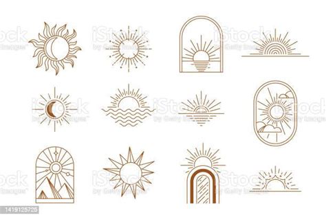 태양 간단한 현대적인 라인 스타일의 달 자연 로고 디자인 최소한의 일몰 일출 햇빛으로 설정된 보호 요소 벡터 신비한 마법의 밀교 상징 태양 하늘에 대한 스톡 벡터 아트 및