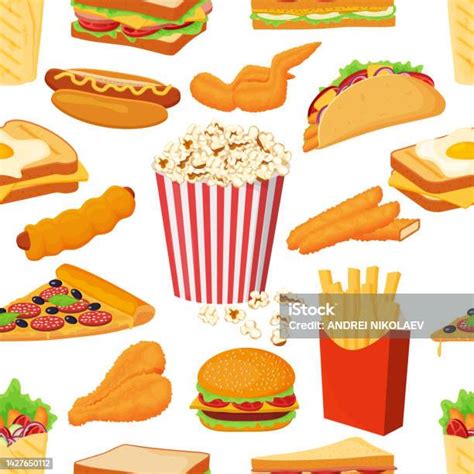패스트 푸드 원활한 패턴 흰색 배경에 거리 음식의 다양한 요소 벡터 일러스트레이션 핫도그에 대한 스톡 벡터 아트 및 기타 이미지 핫도그 음식 소풍 음식 Istock