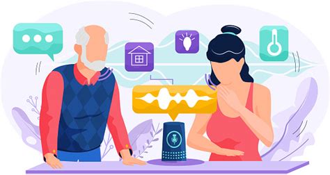 음성 도우미 스마트 스피커 가상 비서 사운드 로봇 음성 제어 스마트 스피커를 사용하는 사람들 개념에 대한 스톡 벡터 아트 및 기타 이미지 Istock