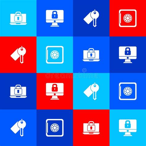 Set Laptop And Lock Lock On Computer Monitor Marked Key And Safe Icon Vector Stock Vector