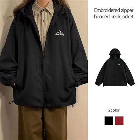 Yimii Th 】 ปักซิป Hooded แจ็คเก็ตกลางแจ้งผู้หญิงเสื้อบางสไตล์อเมริกัน Retro หลวมแจ็คเก็ต Y