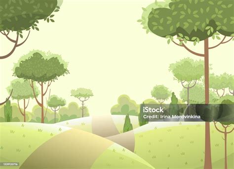 길 아름다운 숲풍경을 즐겁게 해주다 오솔길 만화 스타일 잎 잔디가 있는 언덕을 통과하는 길 시원한 로맨틱 한 아름다움 플랫 디자인 일러스트레이션 벡터 아트 경관에 대한 스톡