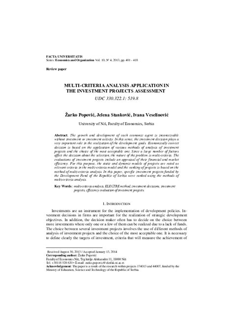 Pdf Multi Criteria Analysis Application In The Investment Projects