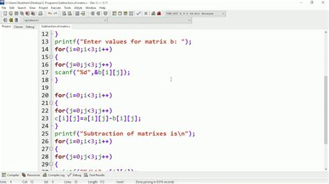 Subtraction Of Matrices In C Youtube