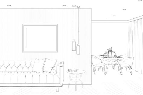 쿠션이 있는 소파 위에 수평 포스터가 있는 아늑한 인테리어의 스케치 커피 테이블 위에 펜던트 램프 배경의 창문 근처에 의자가 있는 식탁이 있습니다 3차원 형태에 대한 스톡